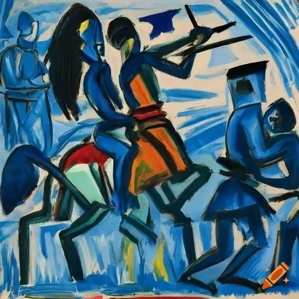 Medieval battle scene in ernst ludwig kirchner's style with blue tones ...