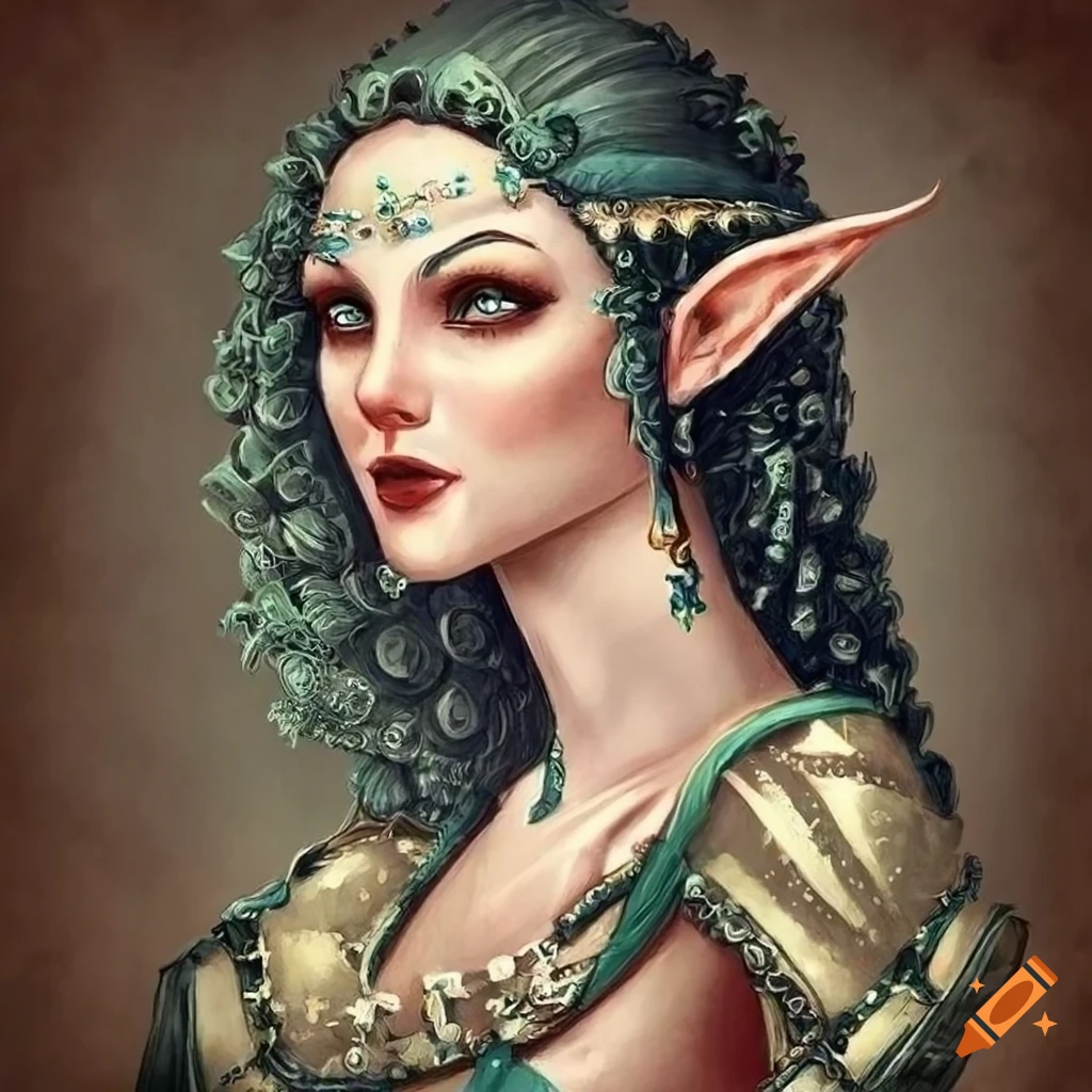 Highly detailed vintage fantasy illustration of an elf queen on Craiyon