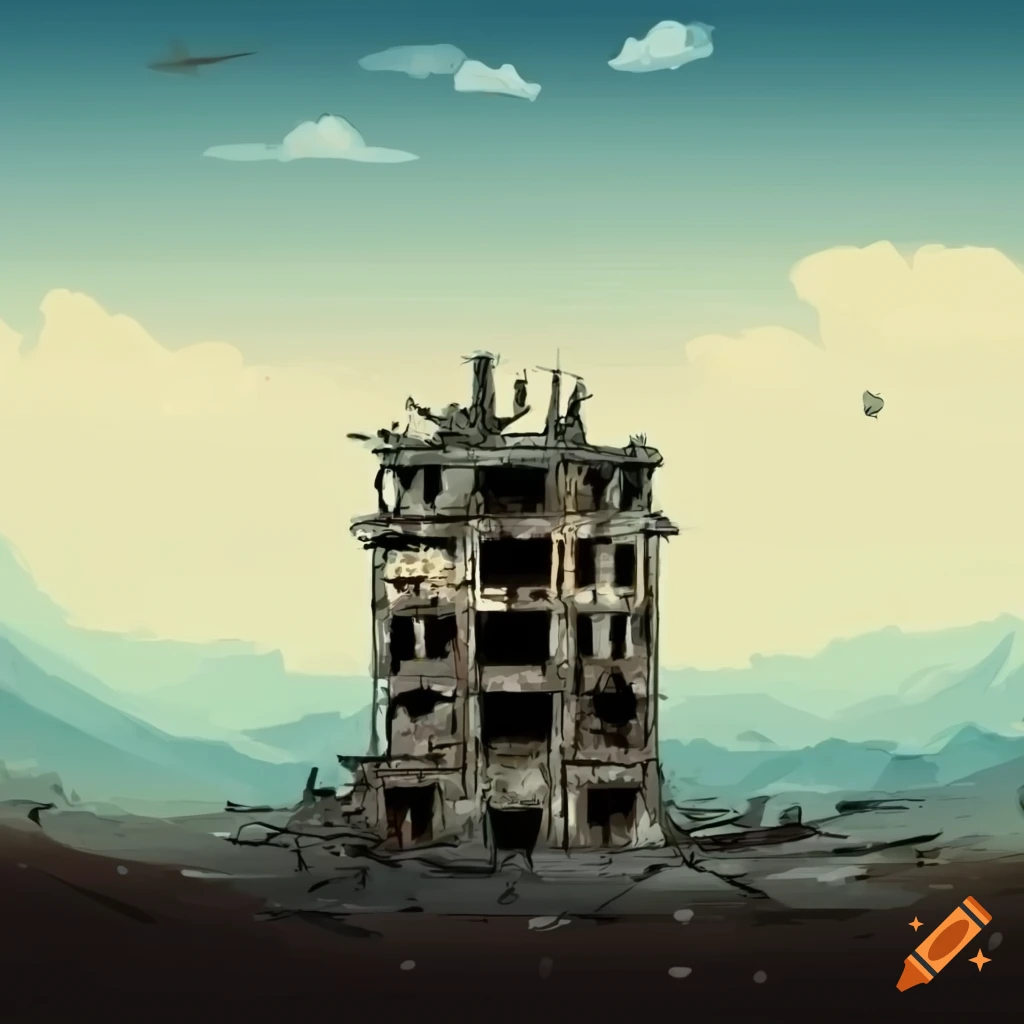 Cartoon art of an old abandoned destroyed building in a post ...