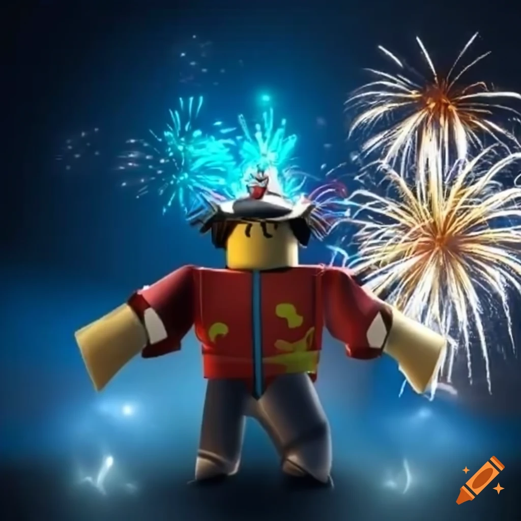 Roblox character in front of fireworks on Craiyon