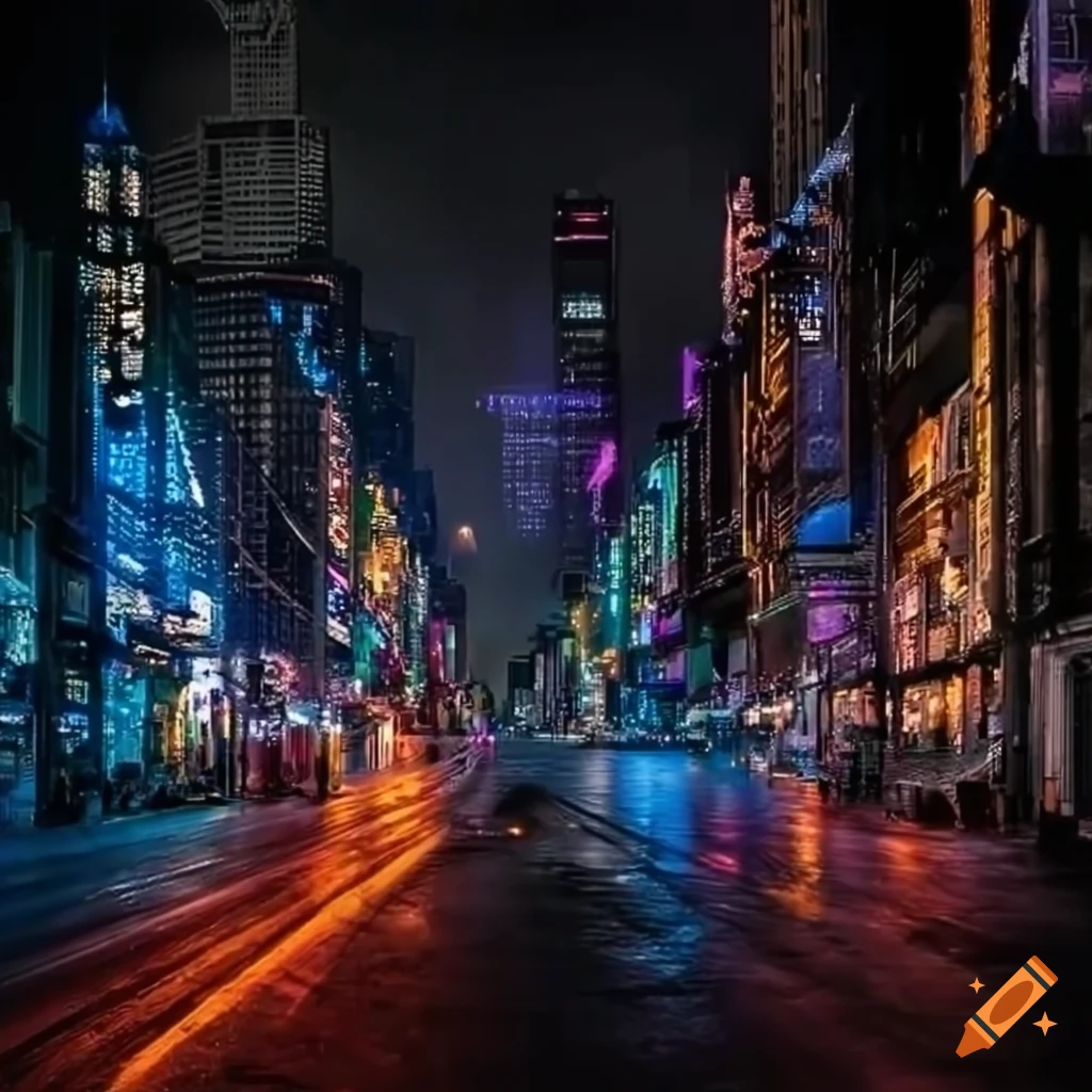 Neon-lit cityscape with celestial goddess and mesmerizing sculptures in ...