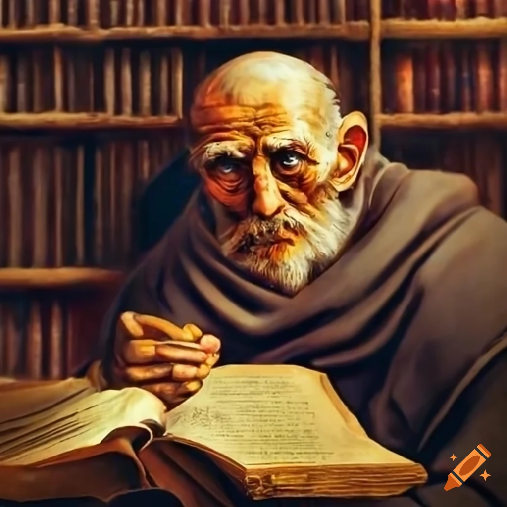 Old monk studying old books in a vintage library on Craiyon