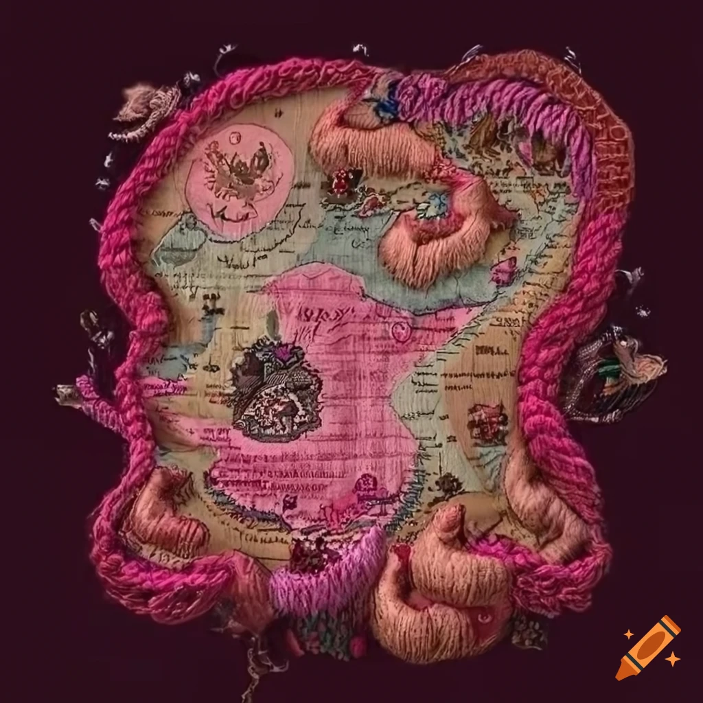 Large geographical map of a fantasy world made of pink yarn on Craiyon