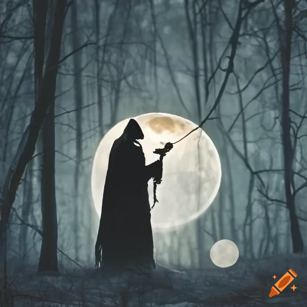 Spooky silhouette of the grim reaper under a full moon in a winter ...