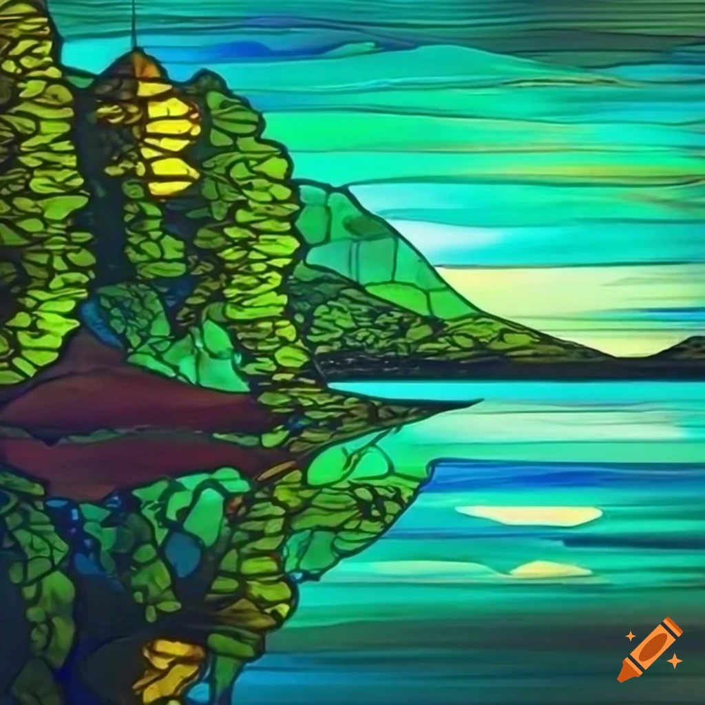 Stained glass window depicting a lake scene in green tones on Craiyon