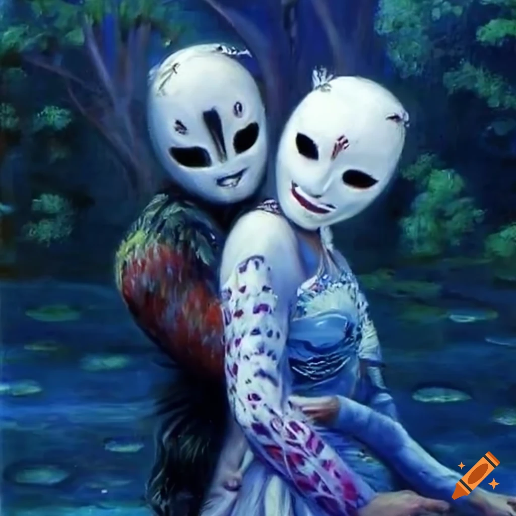 Impressionistic nocturnal oil painting of two masked people hugging by ...