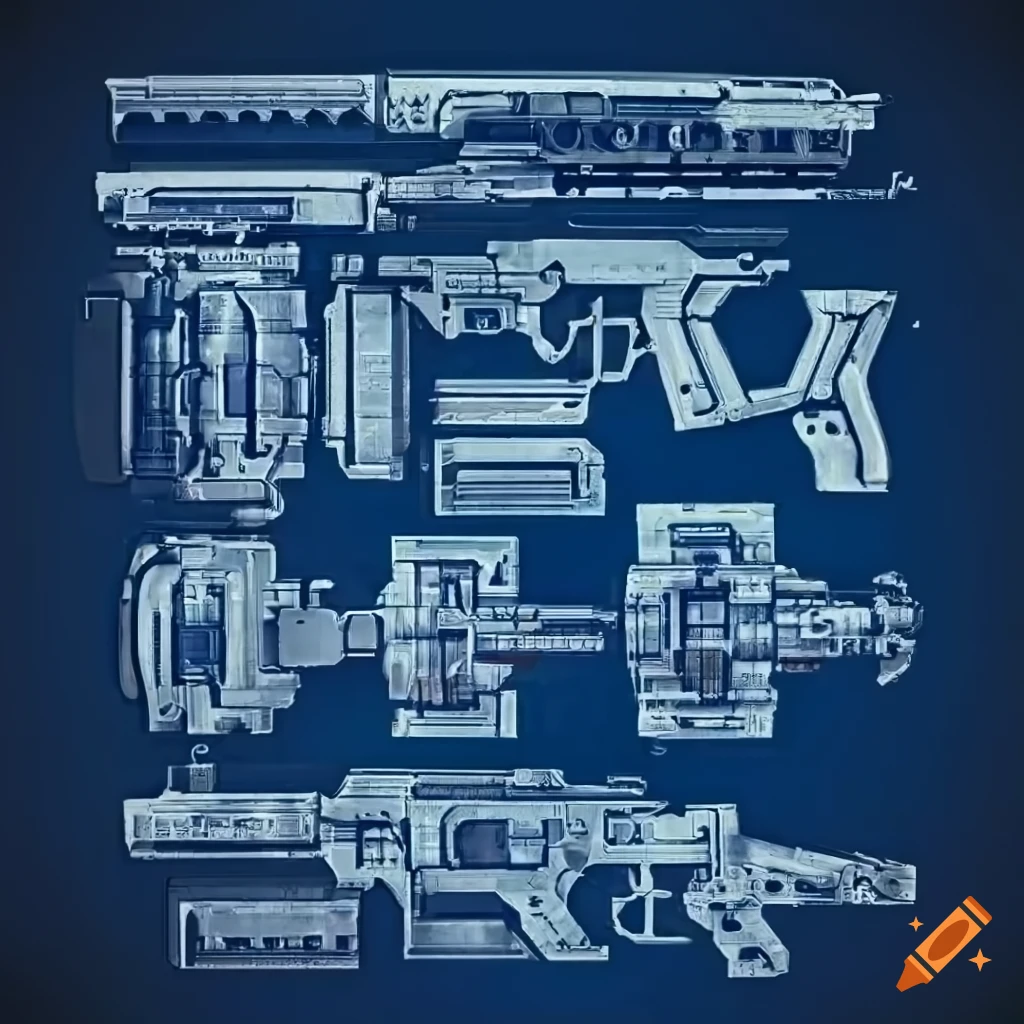 Detailed sci-fi weapon blueprint from gears of war engineers on Craiyon