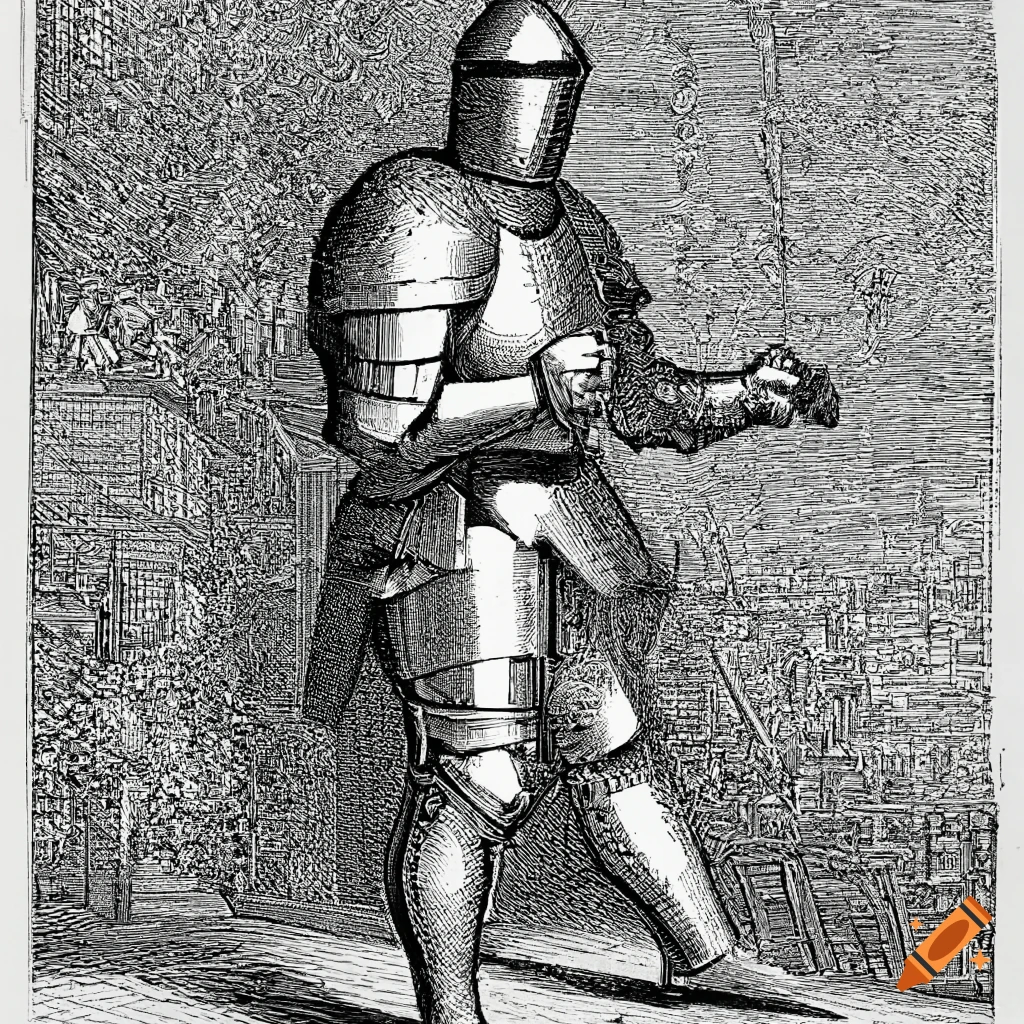 Dynamic full body engraving of a noble knight in plate armor standing ...
