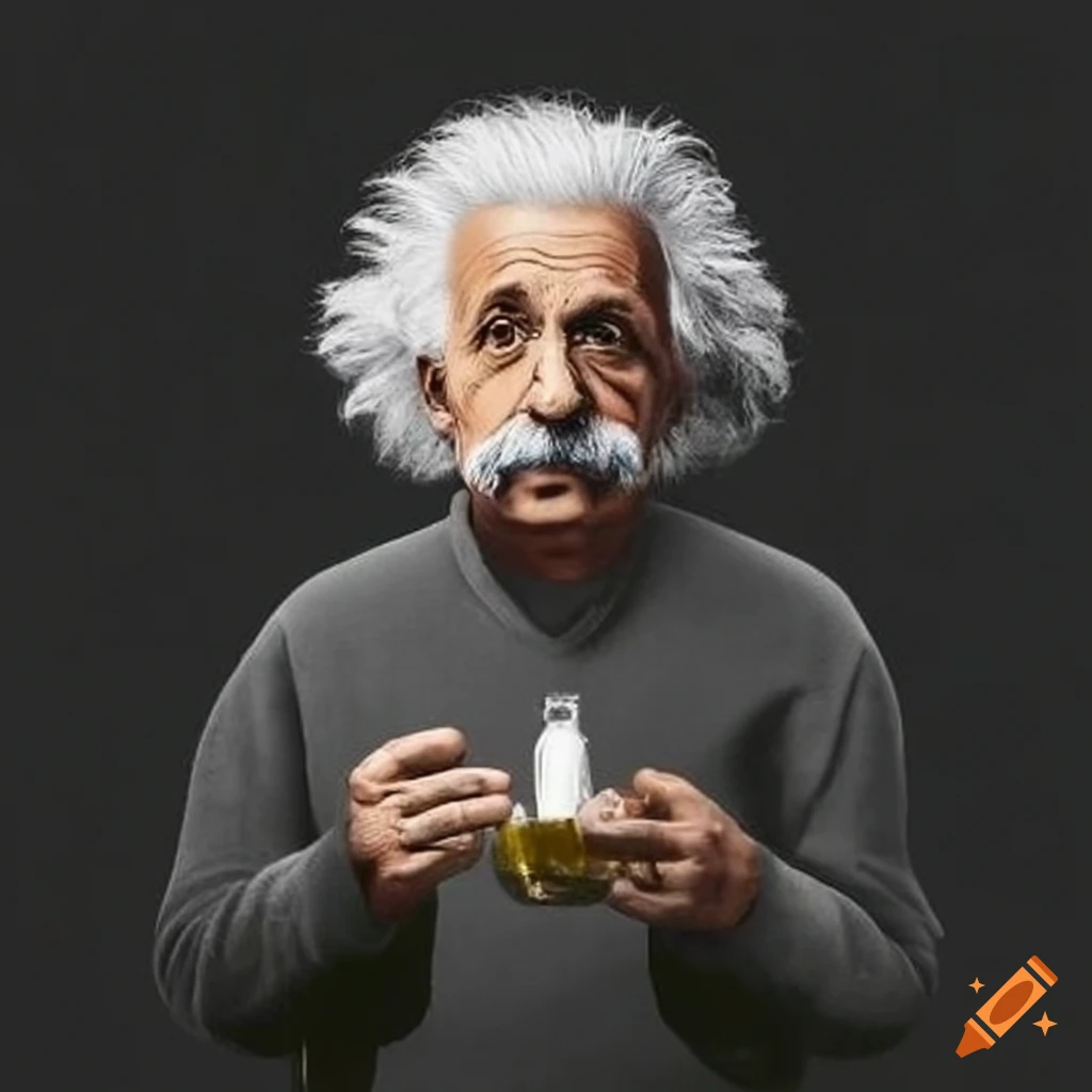Einstein holding small glass oil bottle on Craiyon