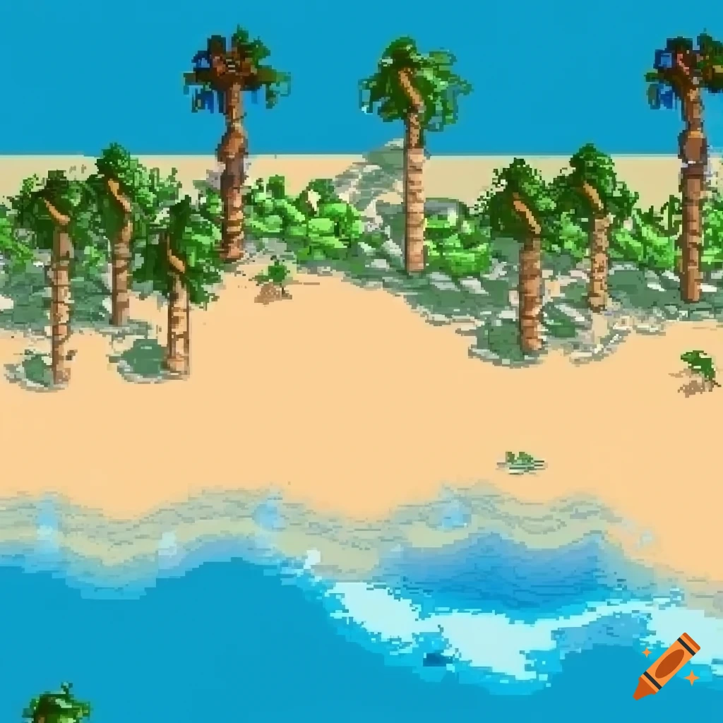 Colorful pixel art of sandy beach with palm trees and clear blue water ...