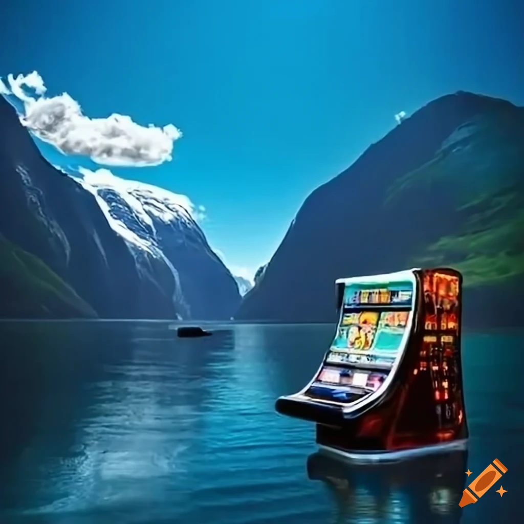 Digital slot machines in a sunny norwegian fjord on Craiyon