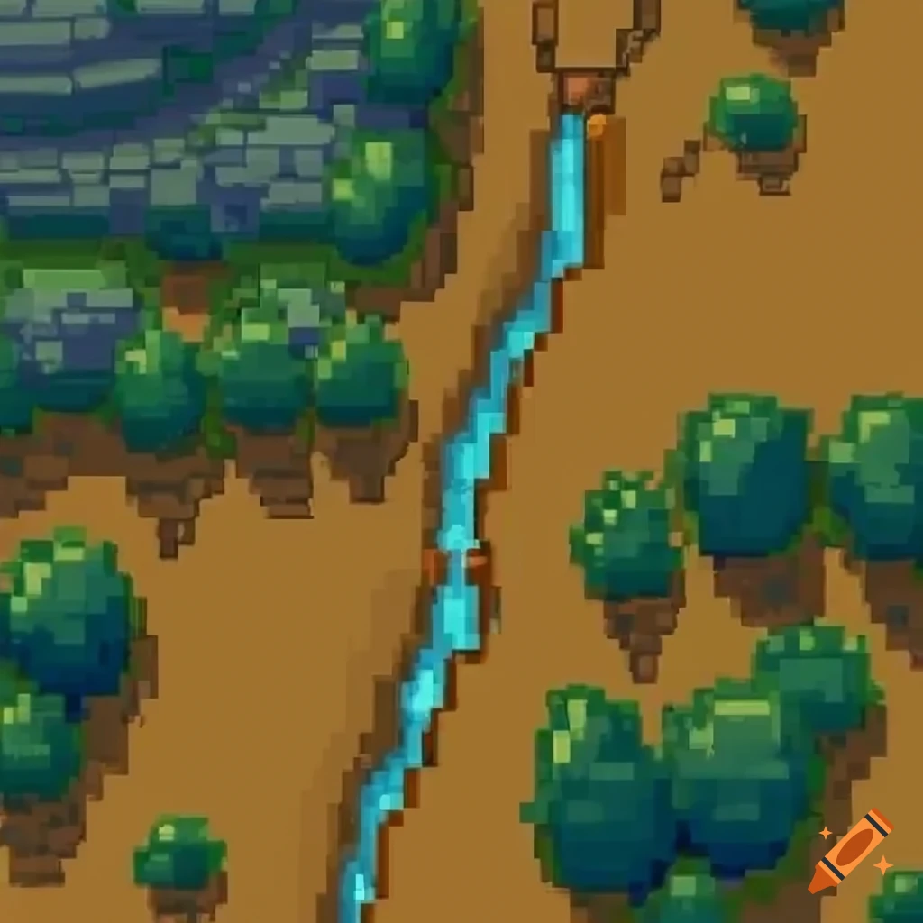 2D pixel art of sunny day canyon river, top down view, RPG maker ...