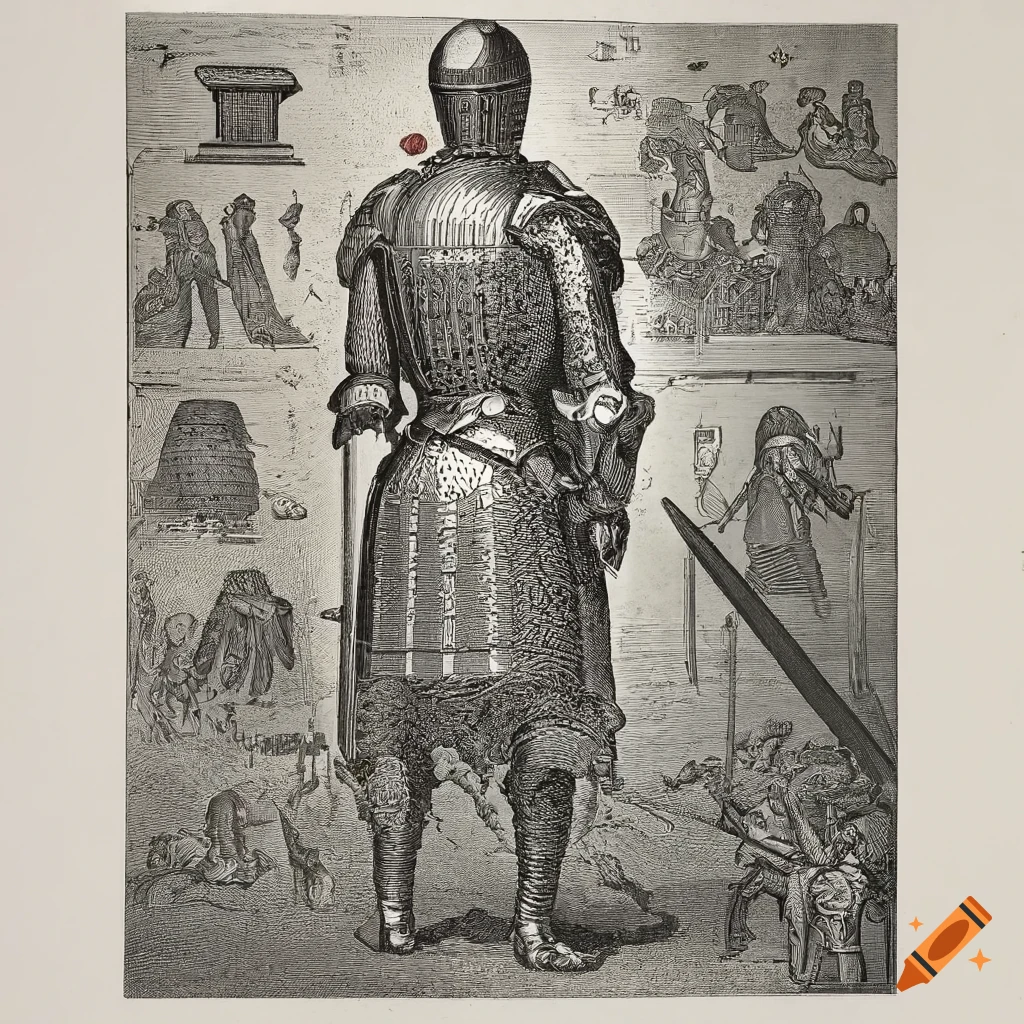 Engraving of a noble knight in plate armor standing on the battlefield ...