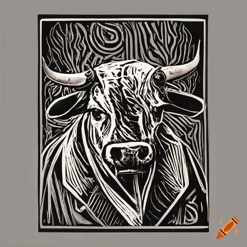 Bull in a classic suit in lino cut style on Craiyon