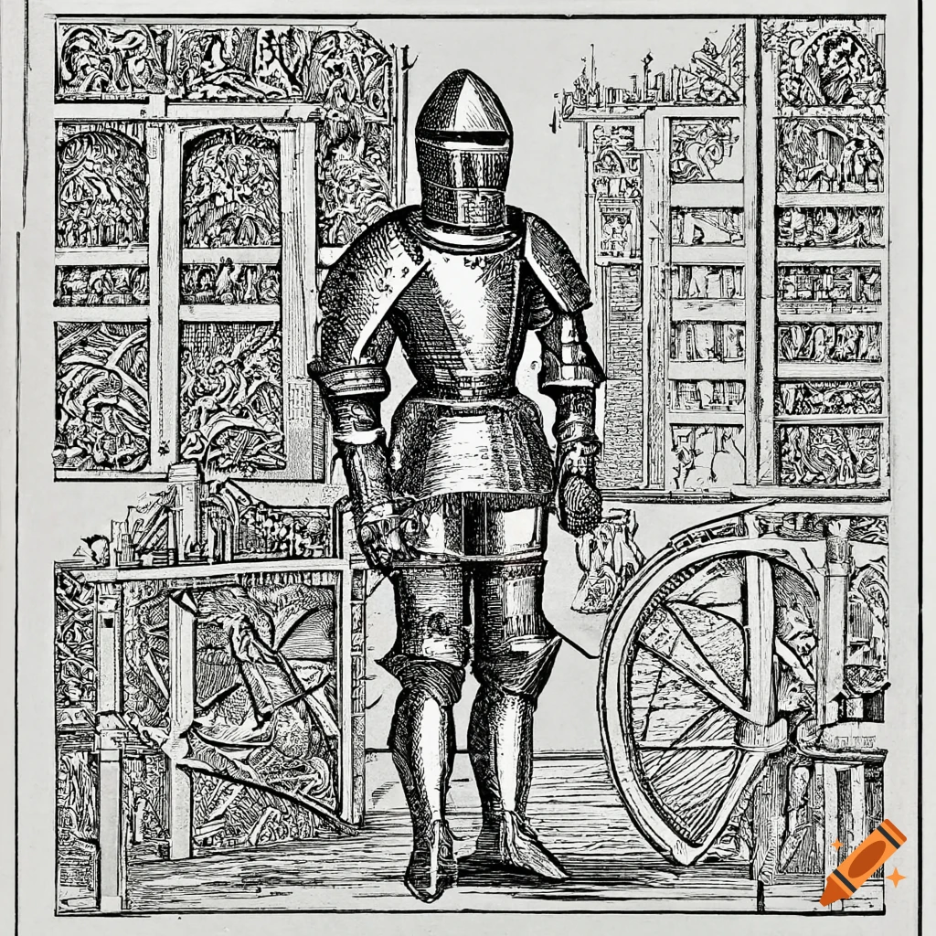 Detailed engraving of a noble knight in plate armor and topfhelm in a ...