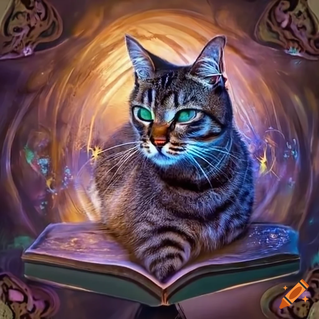 Celestial tabby cat perched on a thick spellbook on Craiyon
