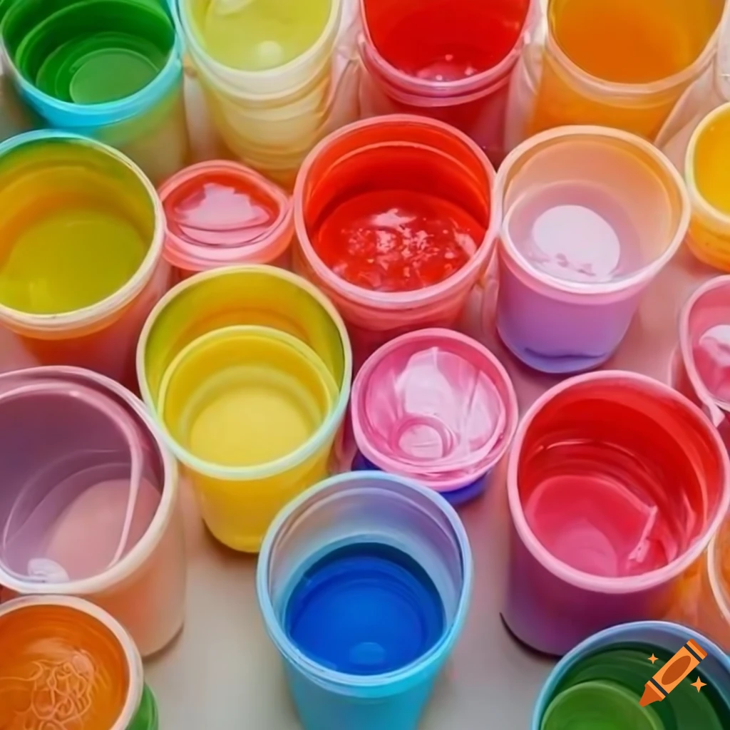 Multiple buckets filled with colorful jellos on Craiyon