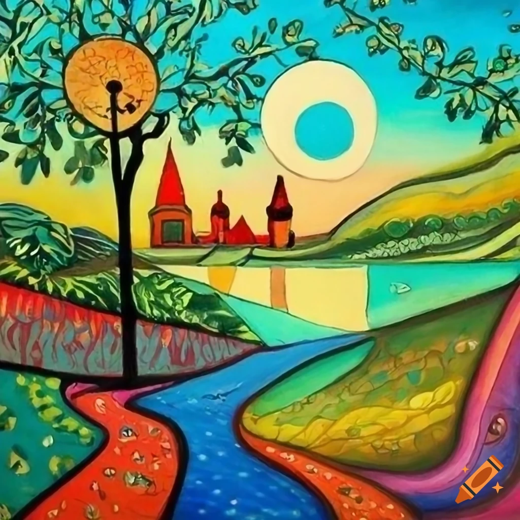 Naif art style landscape painting on Craiyon