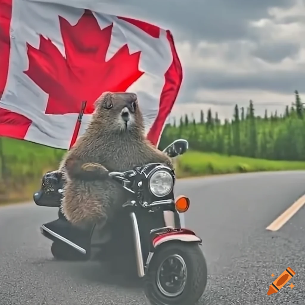 Groundhog riding a Canadian flag themed motorcycle by the woods on Craiyon