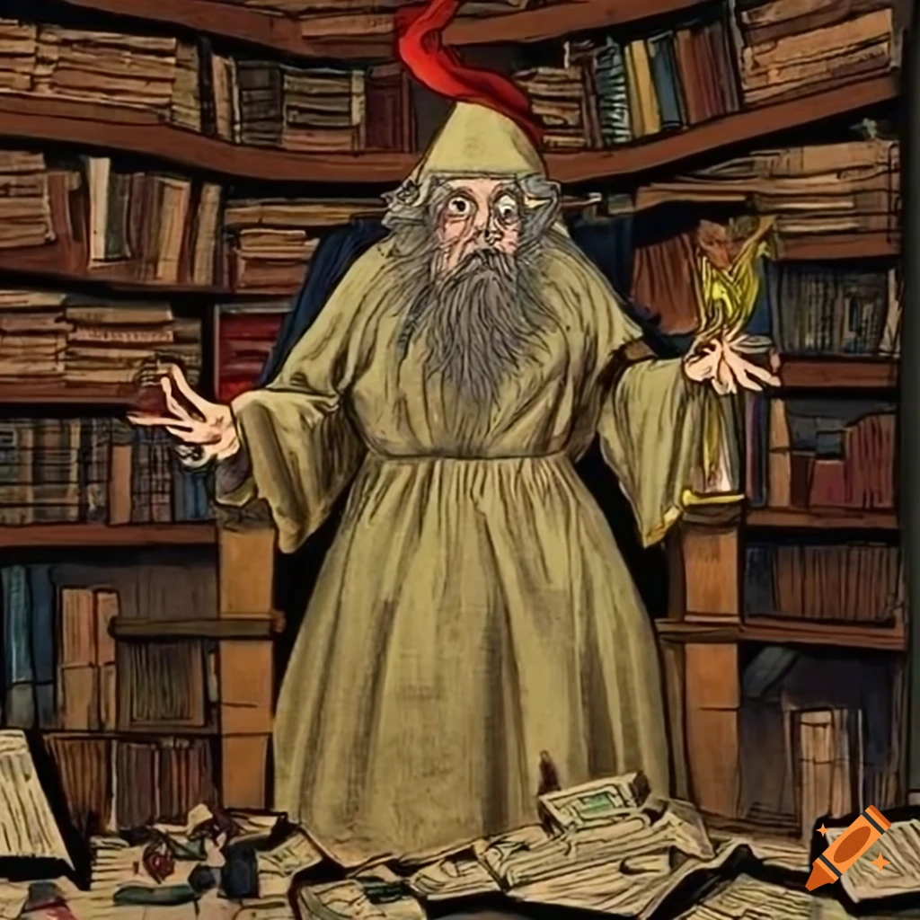 Wizards surrounded by disorganized papers in a dimly lit library on Craiyon