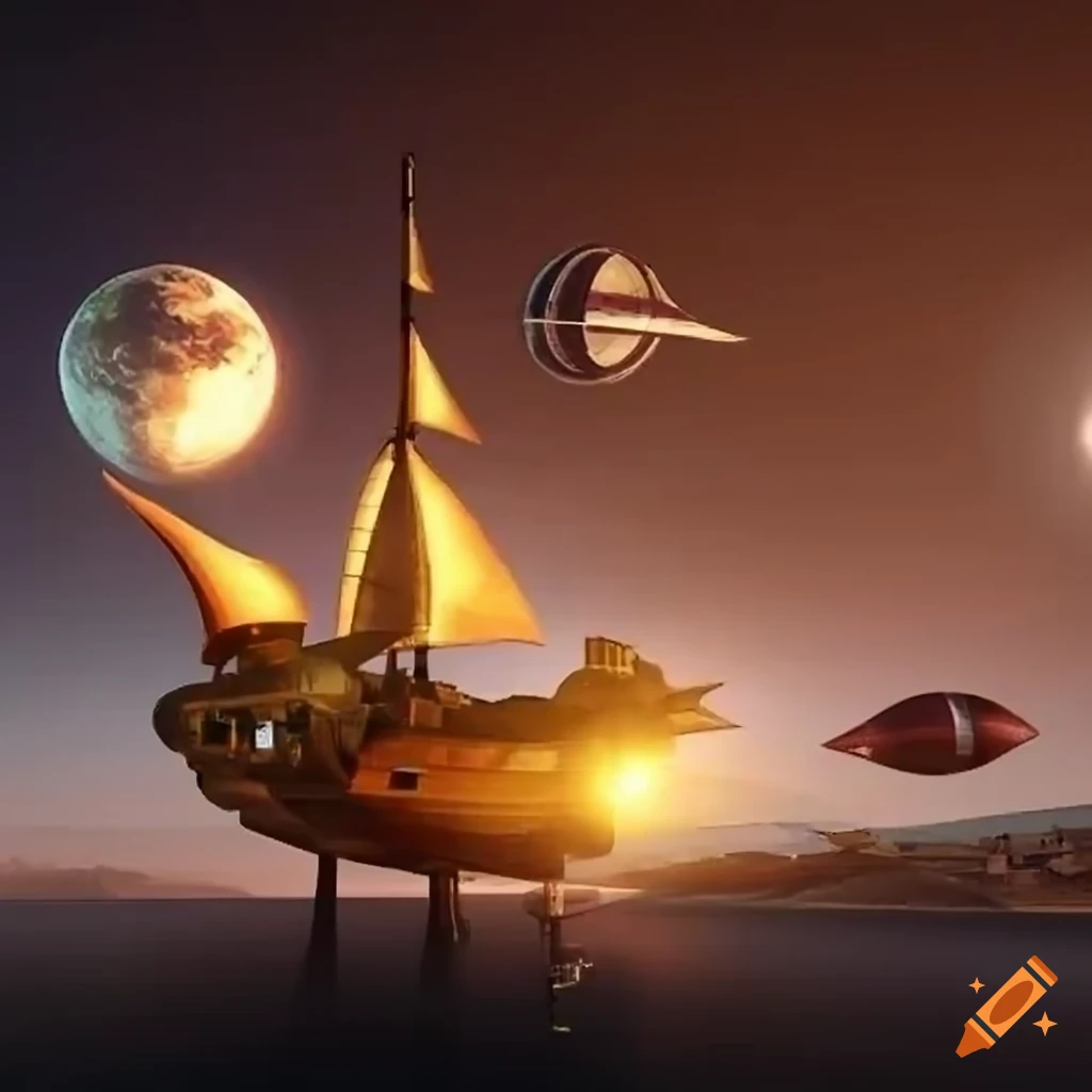 Detailed solar punk sailing vessel with rocket engines flying through ...