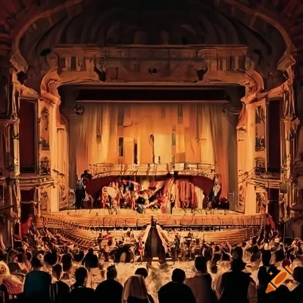 Theatre performance with audience in 20th century setting on Craiyon