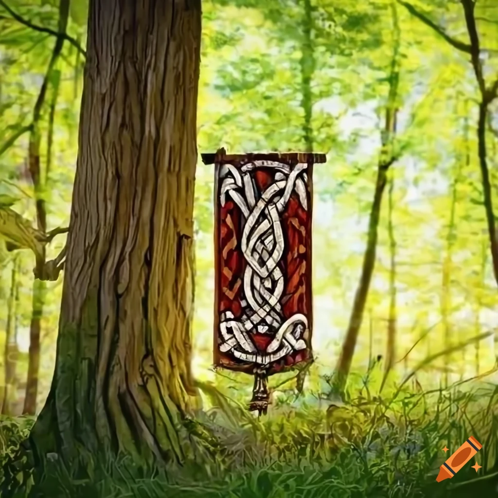 Viking banner on a sunny forest with flowers on Craiyon