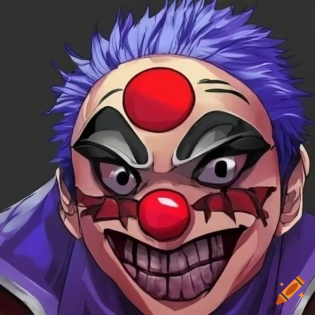 Anime clown ninja with serious expression and wide eyes on Craiyon