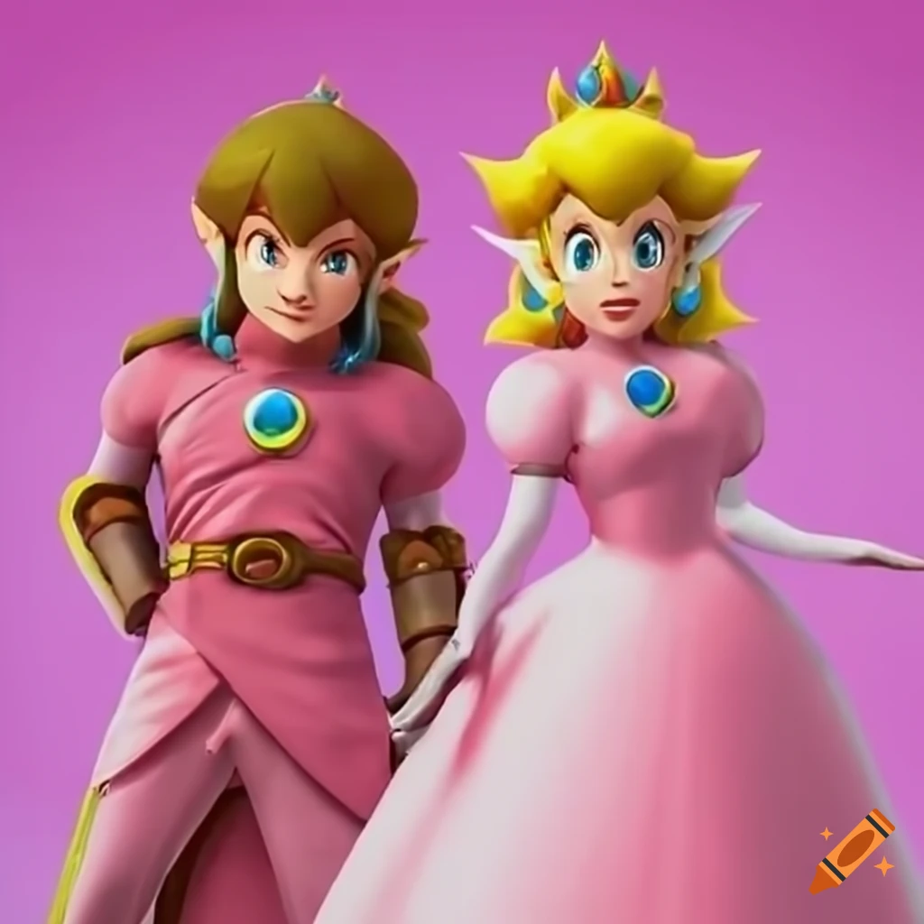 Princess Peach And Link In Pink Silk Ballgowns Posing Together On Craiyon