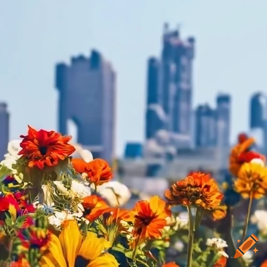 Detailed city covered in colorful flowers in the daytime on Craiyon
