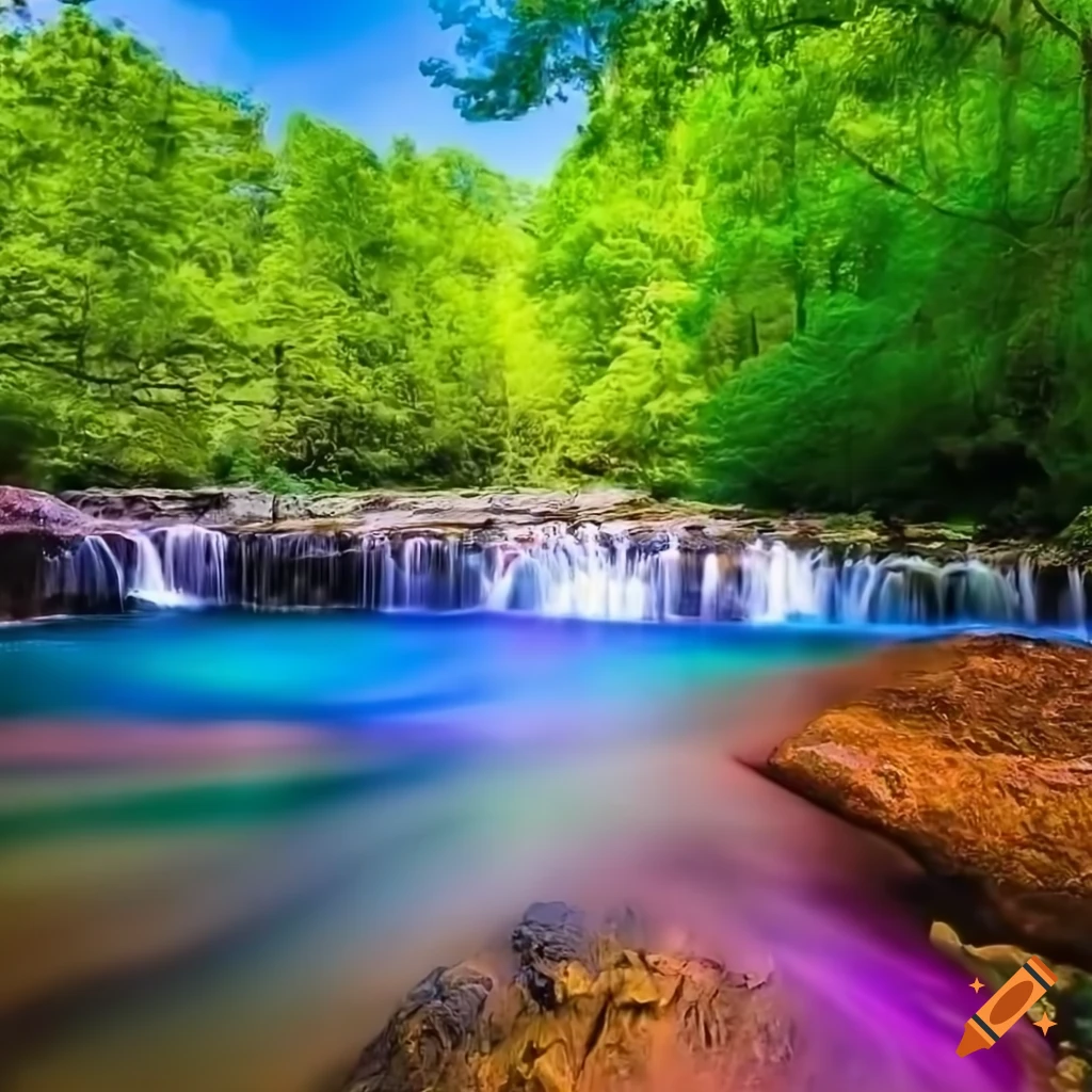 Breathtaking rainbow-colored waterfall and crystal-clear water stream ...