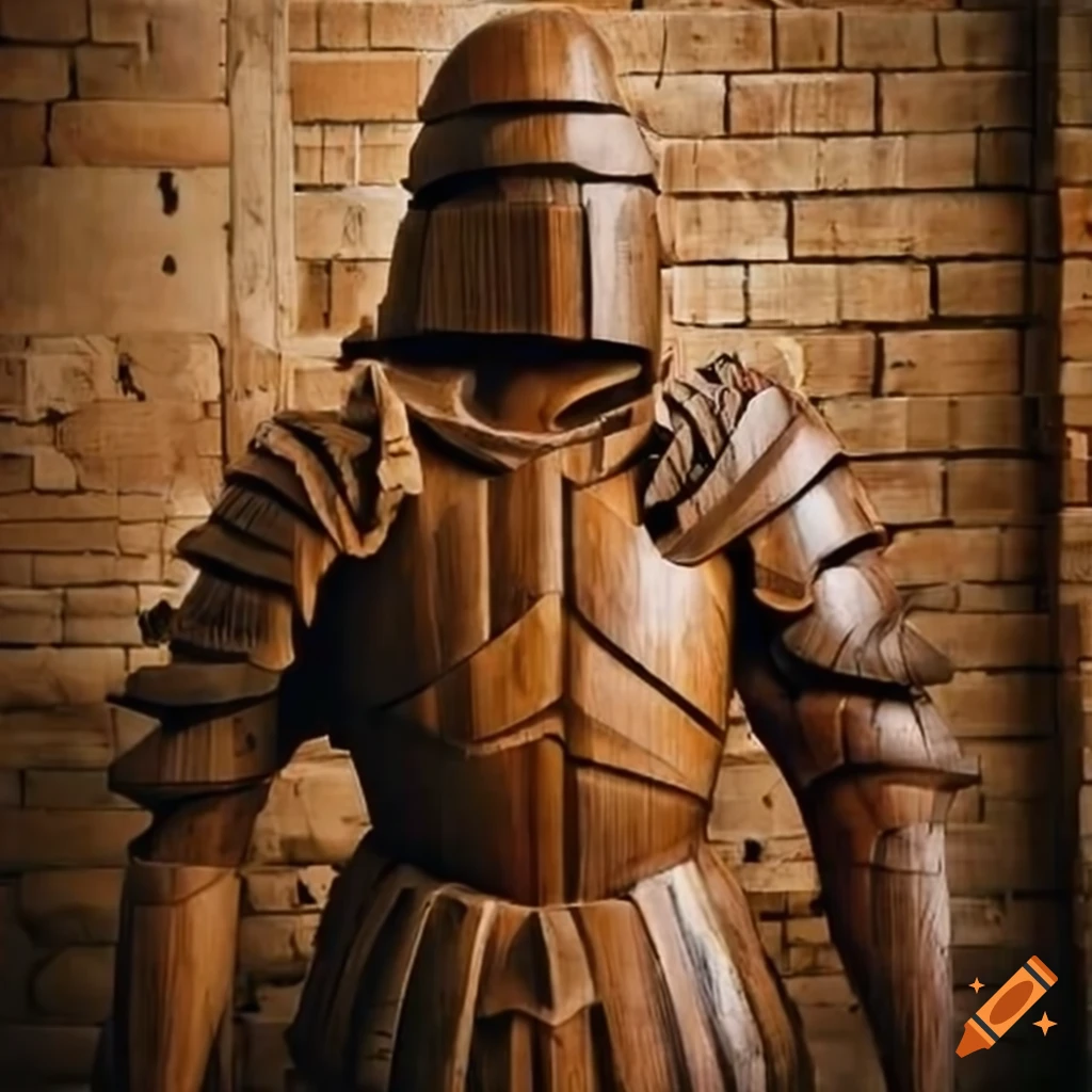 Giant wooden statue adorned with wooden brick armor on Craiyon