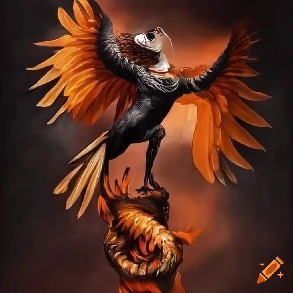 Hyperrealistic mythical harpy with black and orange colors and ...