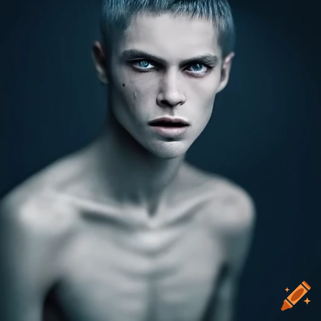 Portrait of a man with grey pale skin, long black hair, and cataract ...