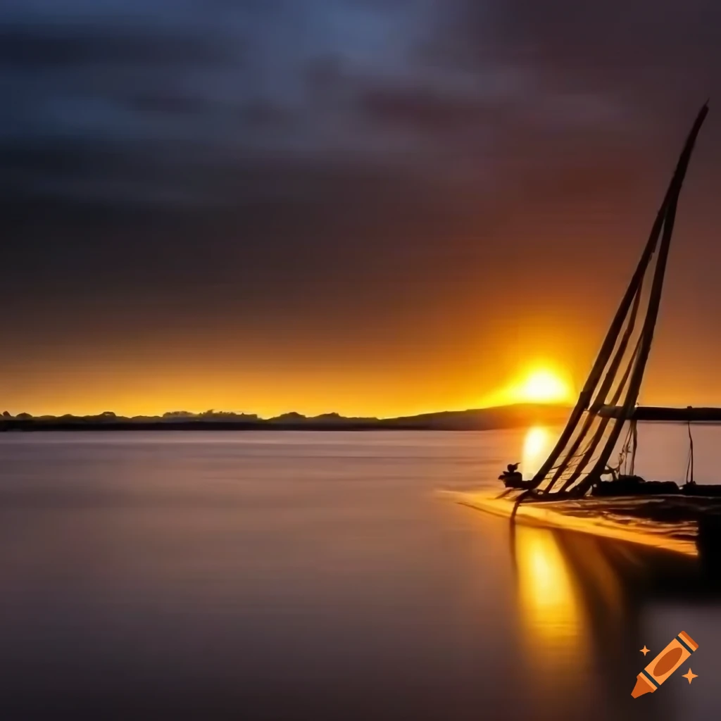 Balsa de madera en el río al atardecer on Craiyon