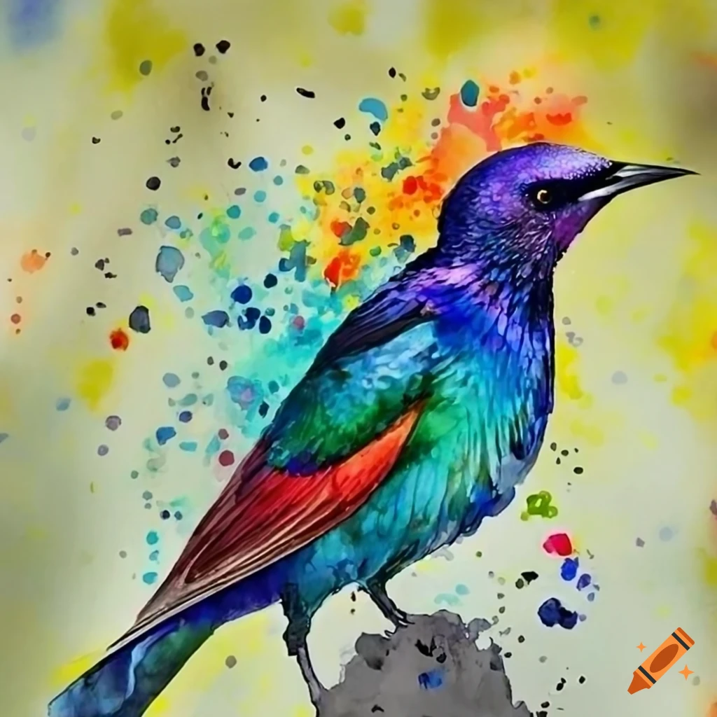 Colorful rainbow starling by a beautiful lake in watercolor style on ...