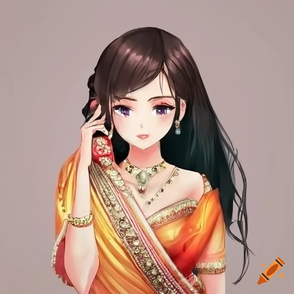 Anime girl in indian traditional dress in 2d art style on Craiyon