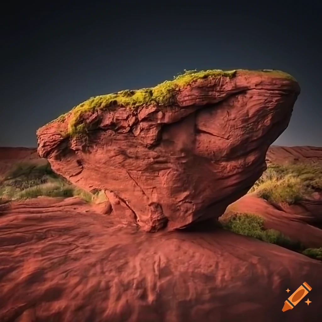 Balanced red sandstone boulders with moss, vines, and colorful lichen ...