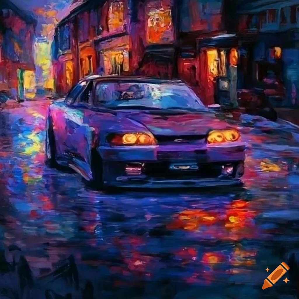 Nissan skyline gtr r33 on the street at night in an impressionist style ...