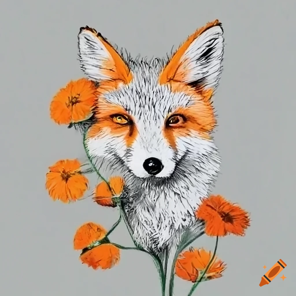 Orange marigolds with a white fox design on Craiyon