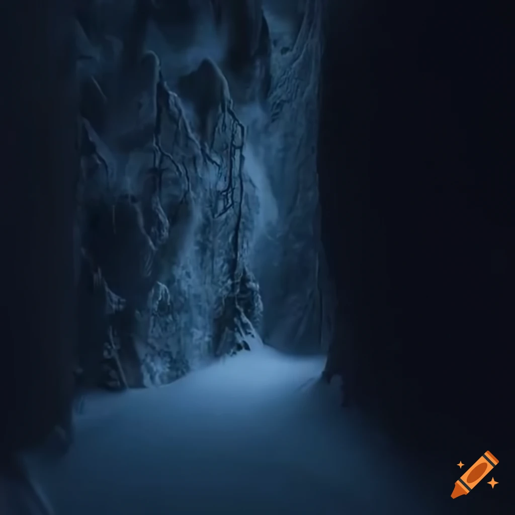 Linear snow-themed ravine with a sense of claustrophobia on Craiyon