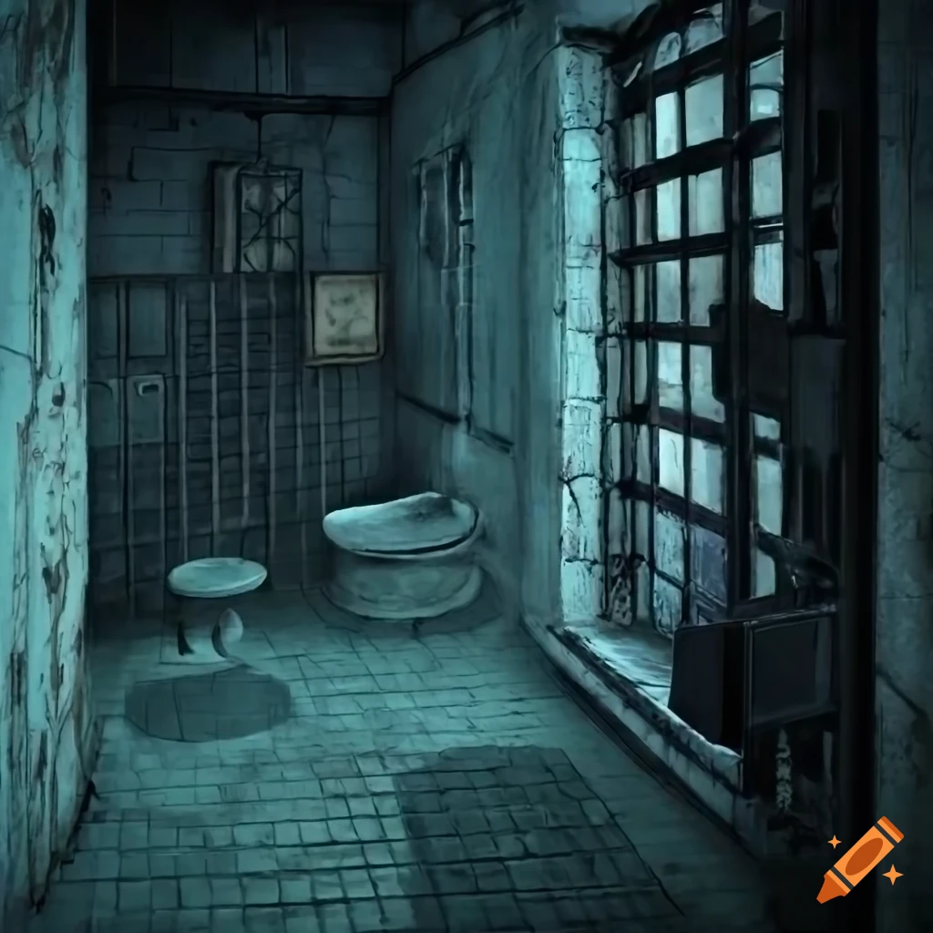 Interior of a realistic Arkham prison cell with a bed, a toilet, a sink ...