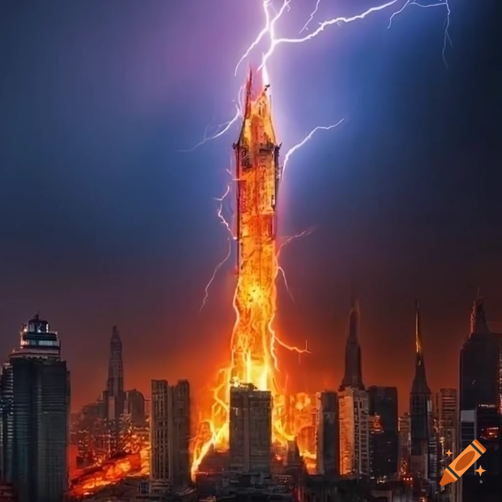 Hyperrealistic architecture masterpiece of a blazing tower with ...