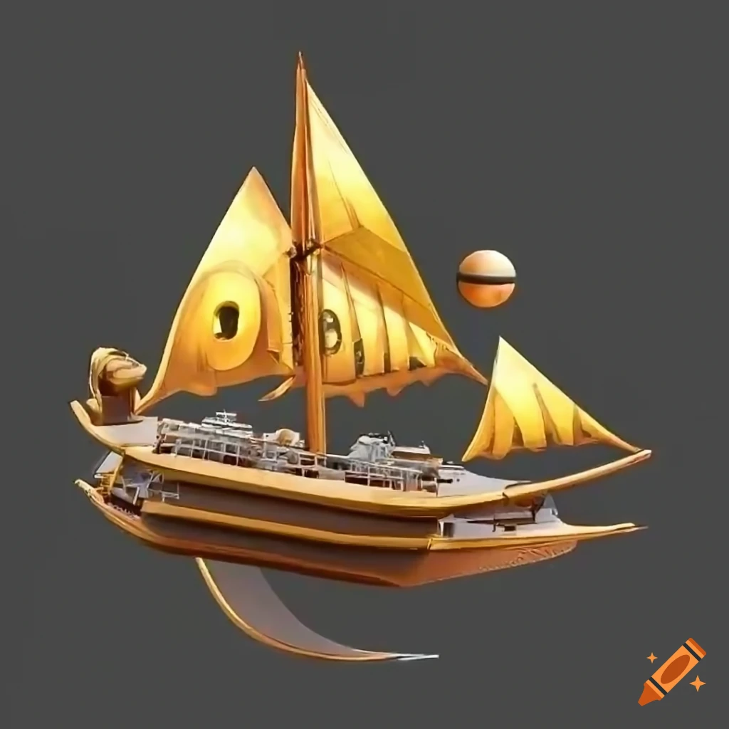 Detailed solar punk sailing vessel with rocket engines flying by stars ...