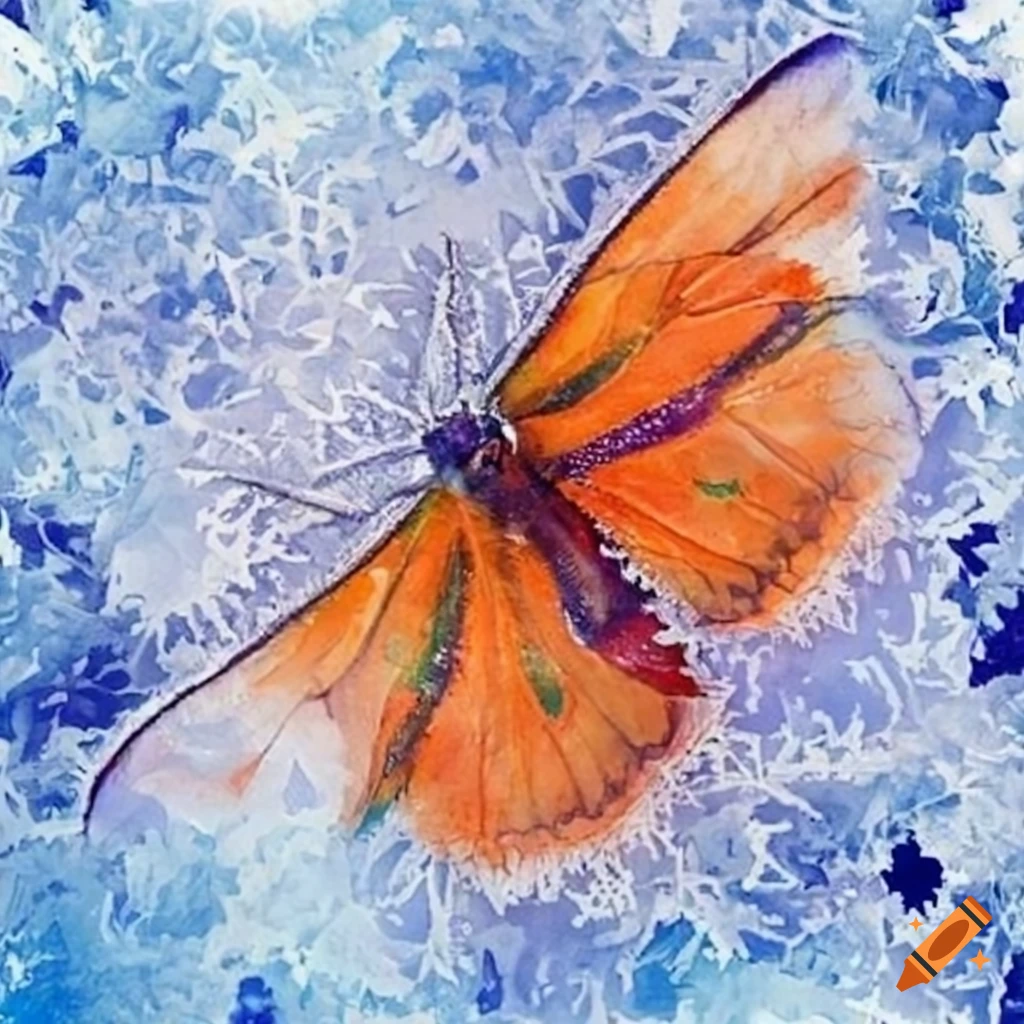 Meticulous watercolor of an orange moth with frost crystals on Craiyon