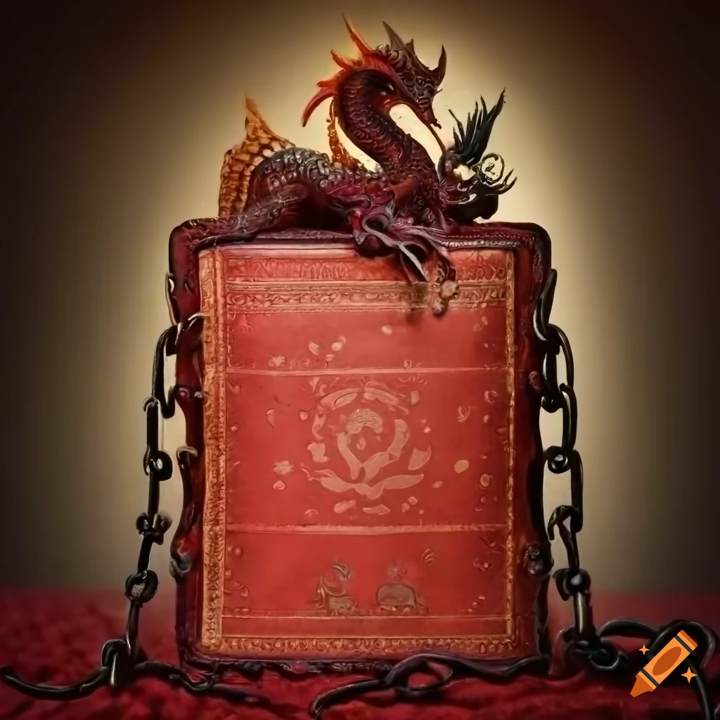 Ancient red leather book with dragon design and heavy chains on Craiyon