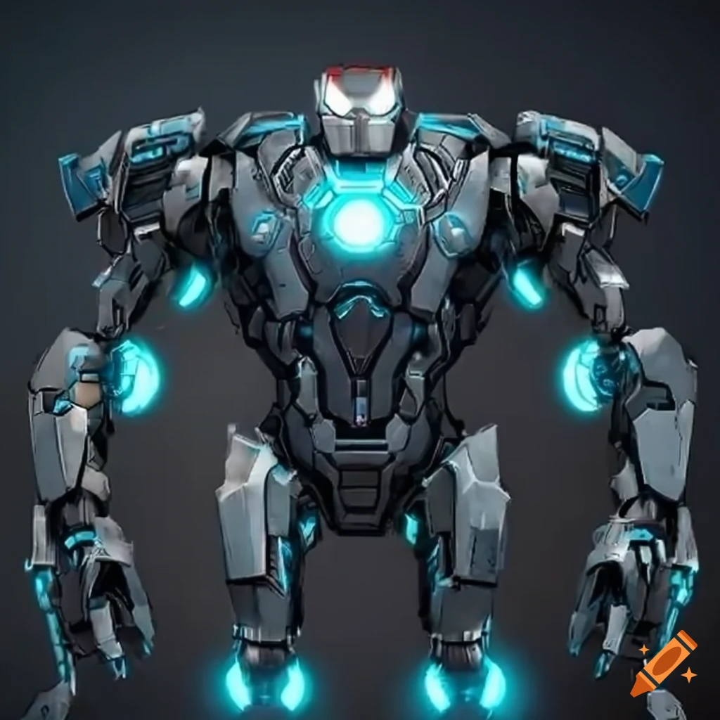 Intricately designed and powerful mech with an athletic lead suiting up ...