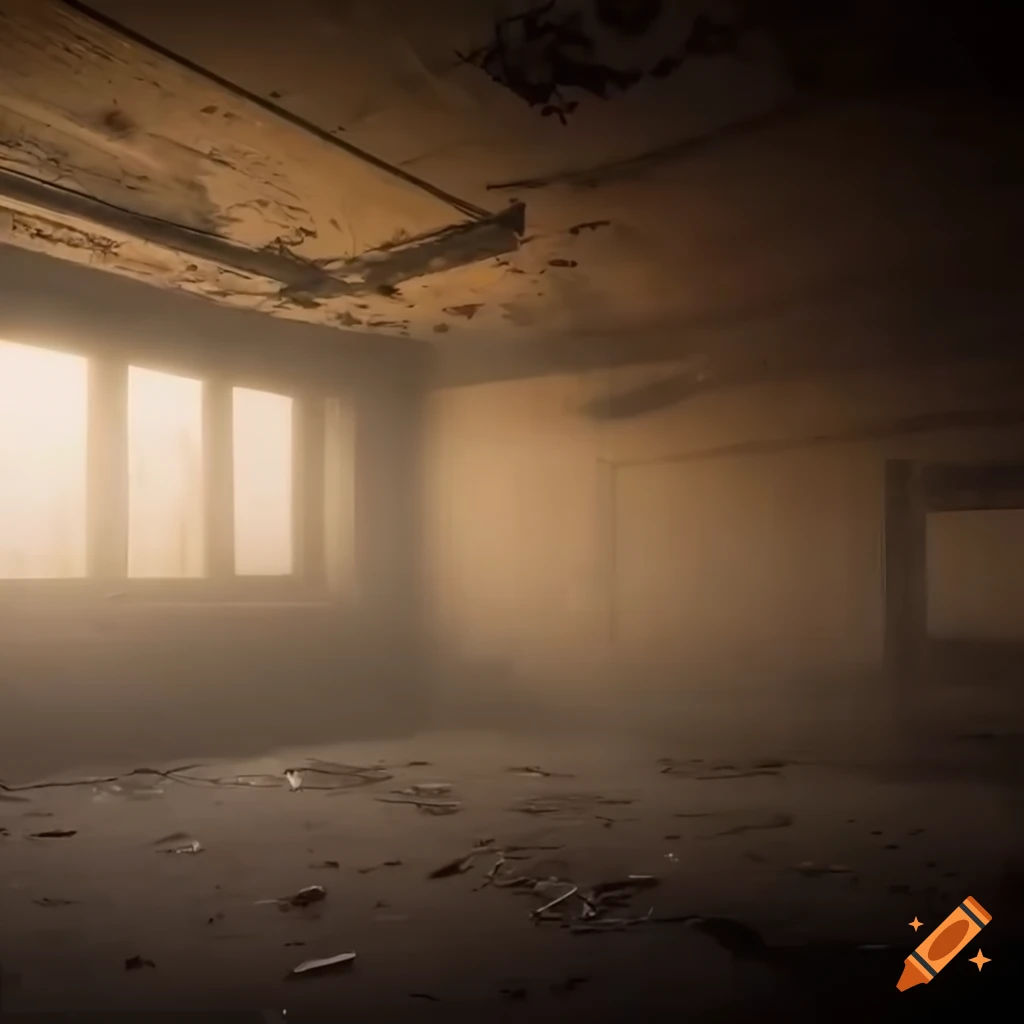 Abandoned conference room in amber fog with long industrial windows on ...