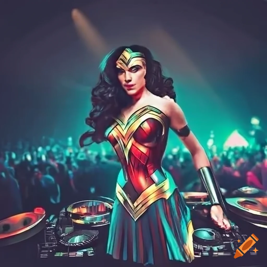 Wonder woman with high-tech dj equipment at a rave on Craiyon