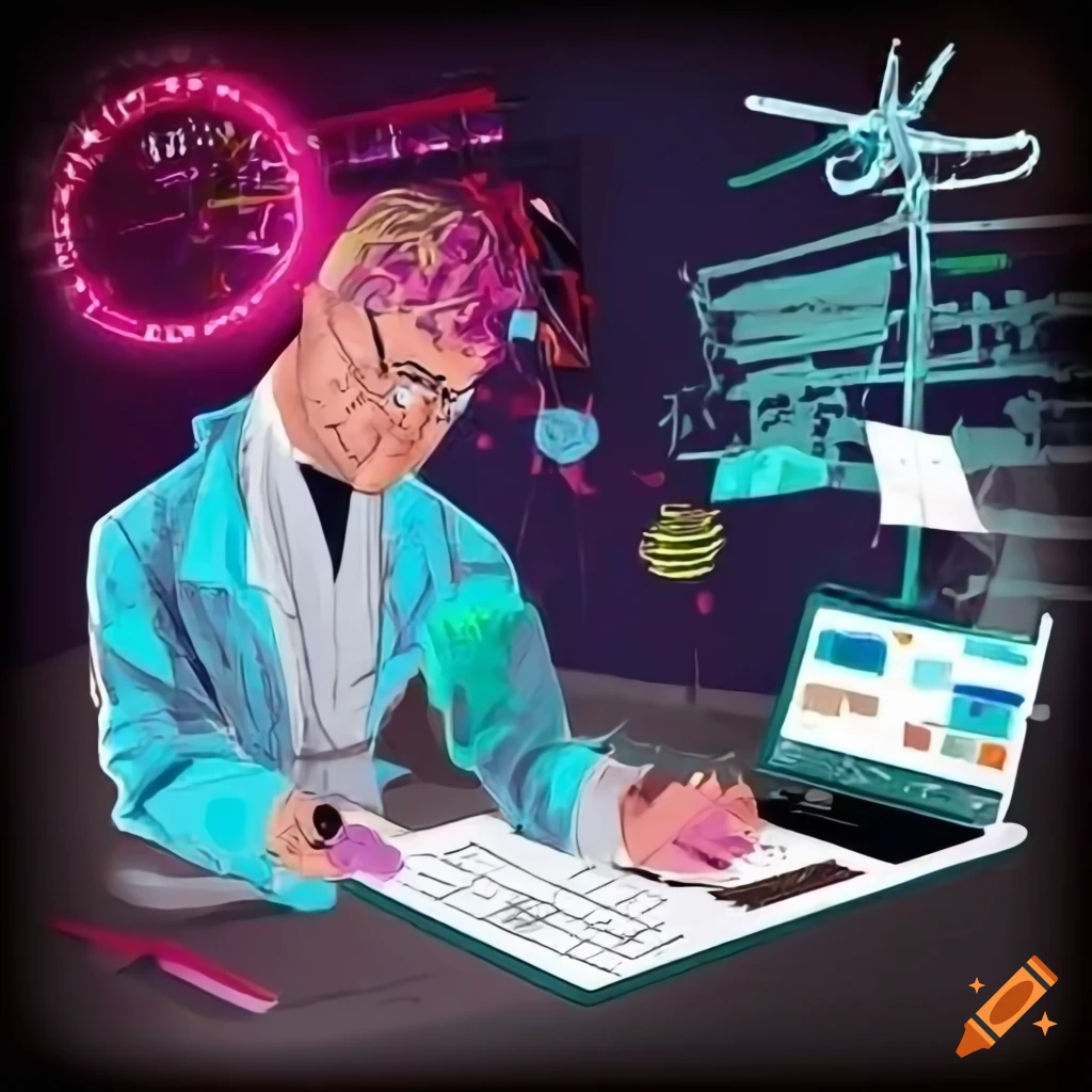 Scientist working on laptop with research papers and ai-powered apps on ...